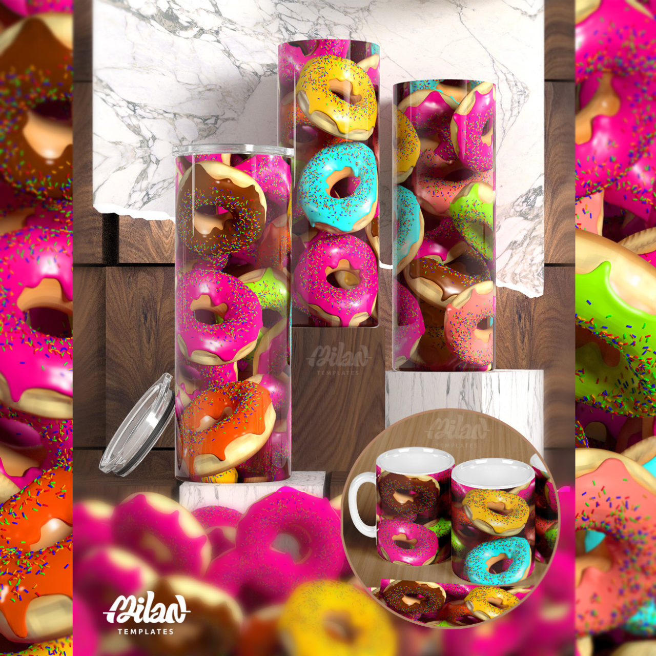 Donuts - 3D - Tumbler+Mug- Sublimation Design - Milan Templates